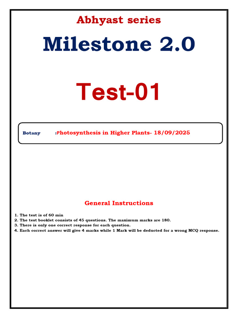 Test 01 Photosynthesis in Higher Plants Milestone 2 0 Test Formate ...