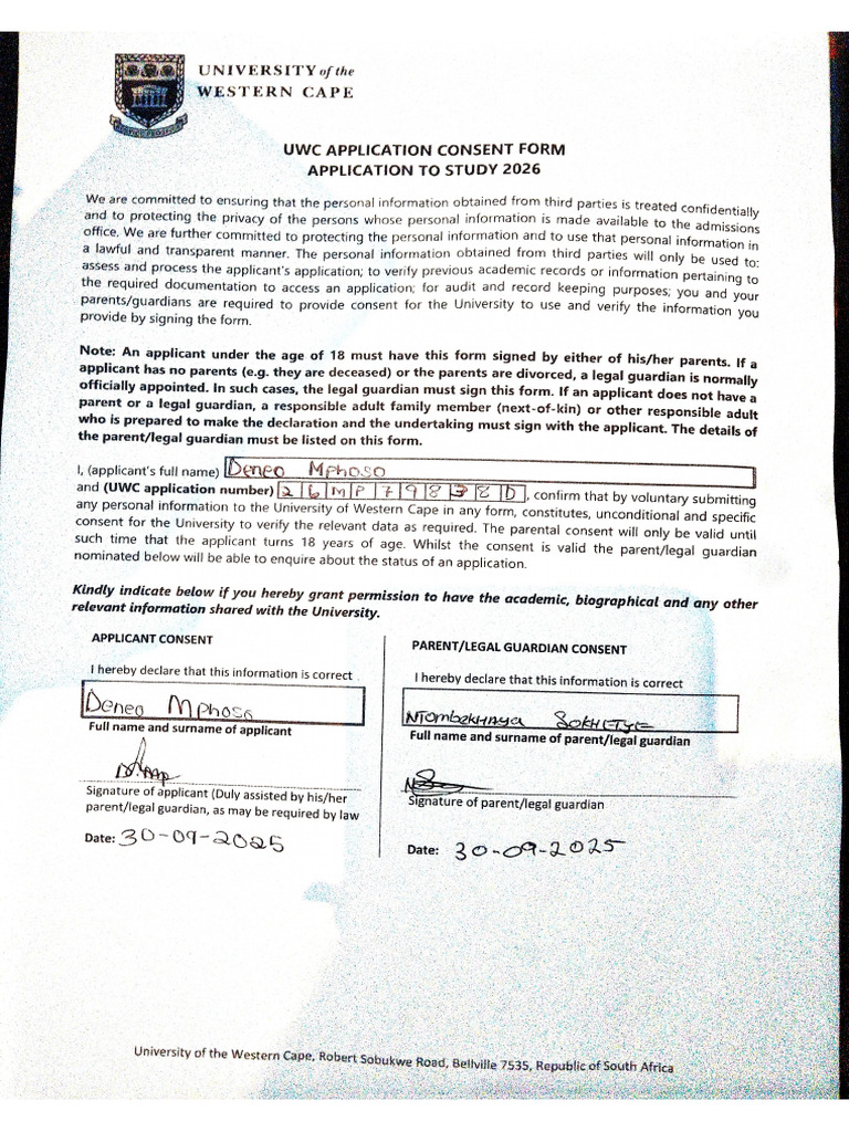 UWC Application Consent Form 2026 | PDF