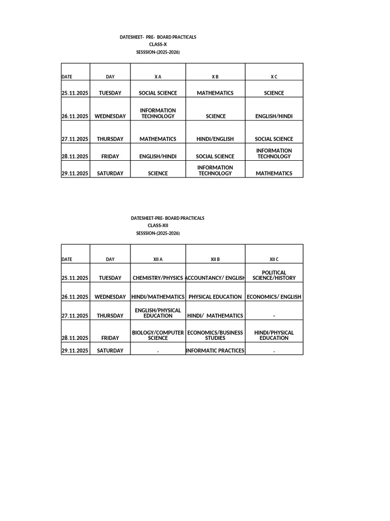 Class X & XII Pre-Board Practical Dates | PDF