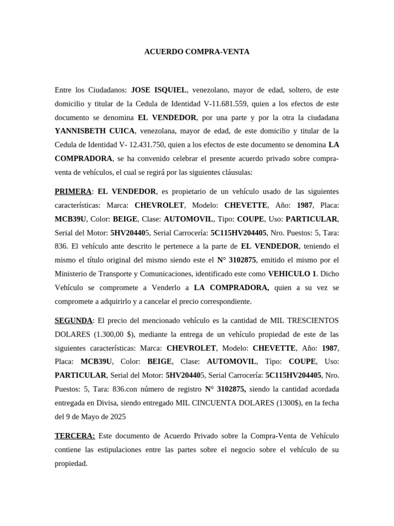 Documento de Compra-Venta de Vehículo | PDF