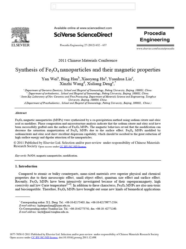 Synthesis of Fe3O4 Nanoparticles and Properties | PDF | X Ray ...