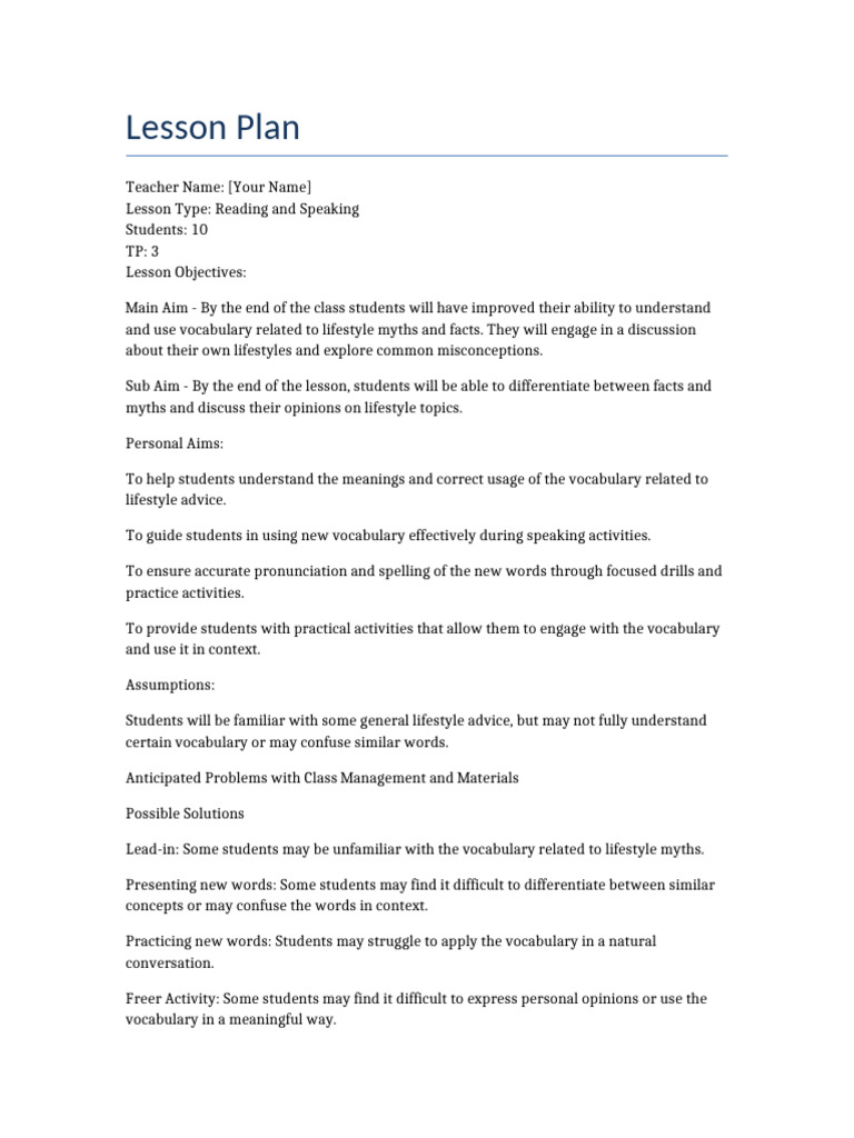 Updated Lifestyle Myths Lesson Plan Redwan Structure | PDF | Stress ...