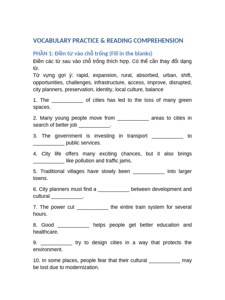 Vocabulary Exercises and Reading | PDF | City | Urban Planning
