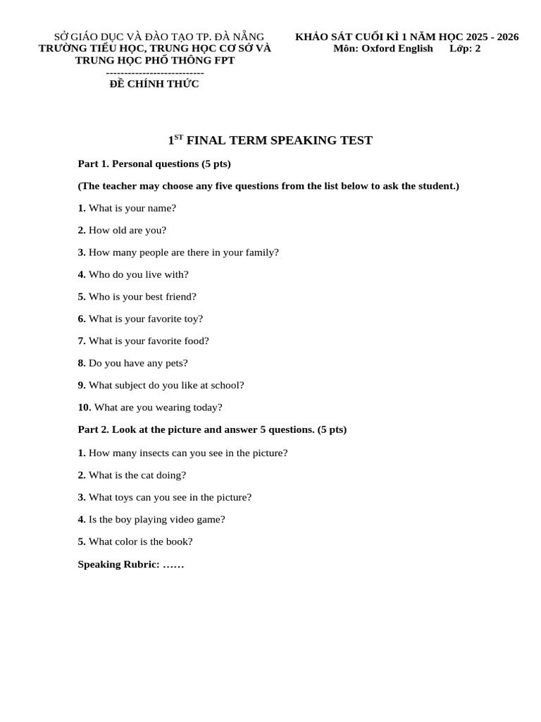 Grade 2 - Speaking Test | PDF