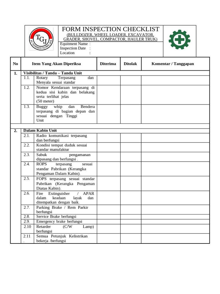 Alat Berat Form Checklist | PDF