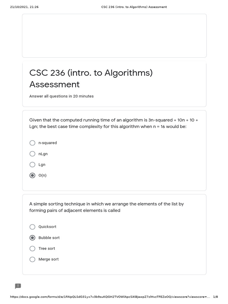 CSC 236 (Intro. To Algorithms) Assessment | PDF | Time Complexity | Computational Science