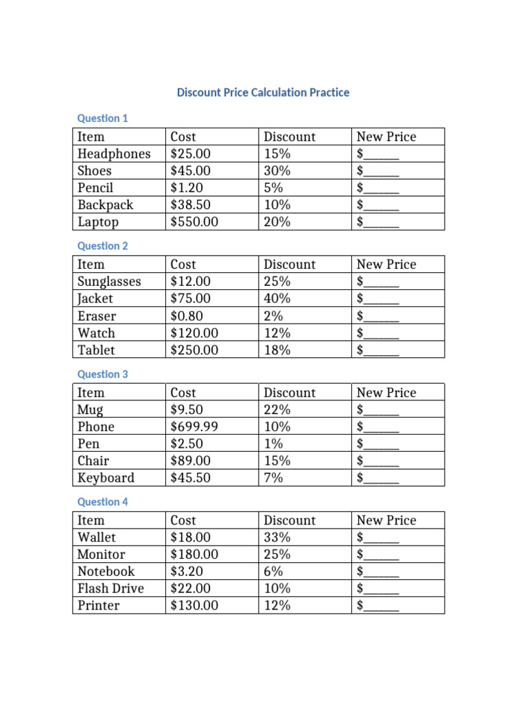 Discount Price Calculation Practice | PDF