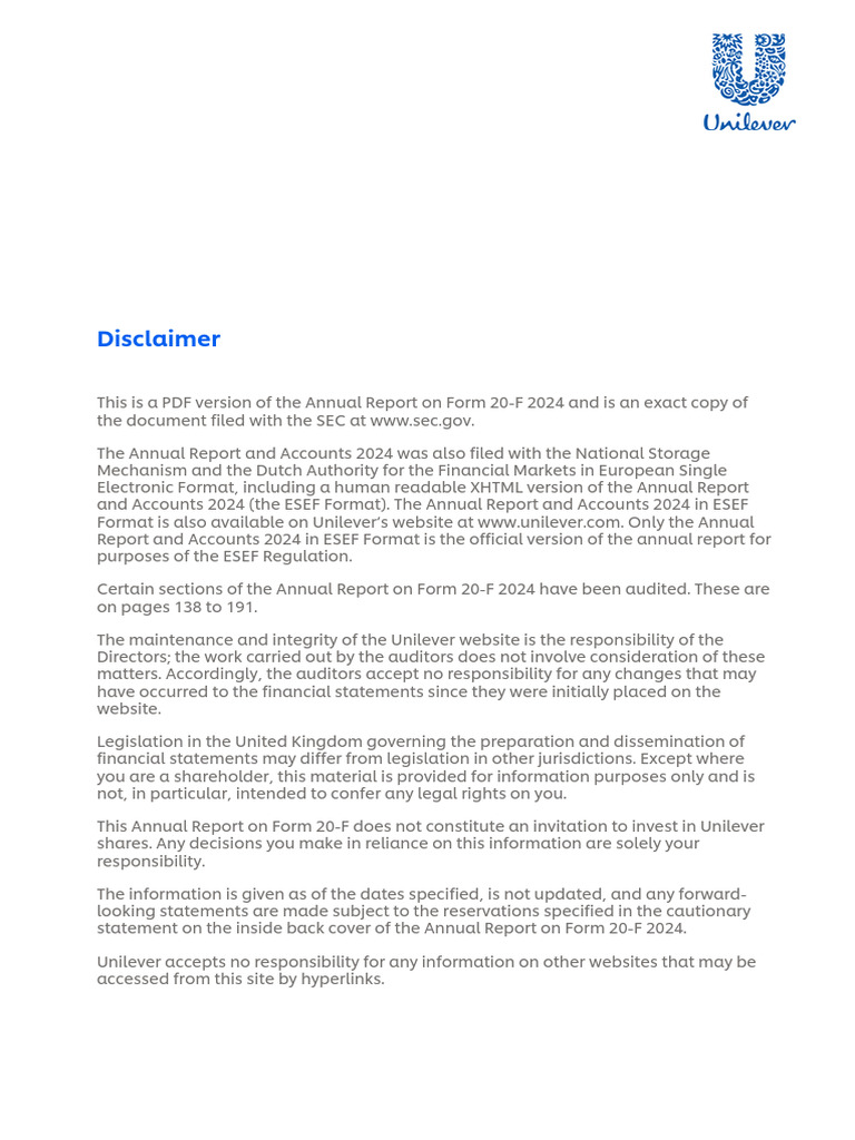 Unilever Annual Report 2024 Form 20-F | PDF | Securities (Finance) | Risk
