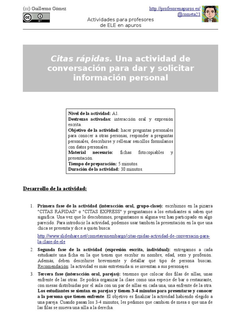 Actividad de Conversación: Citas Rápidas (Ficha Imprimible) | PDF | Ocio