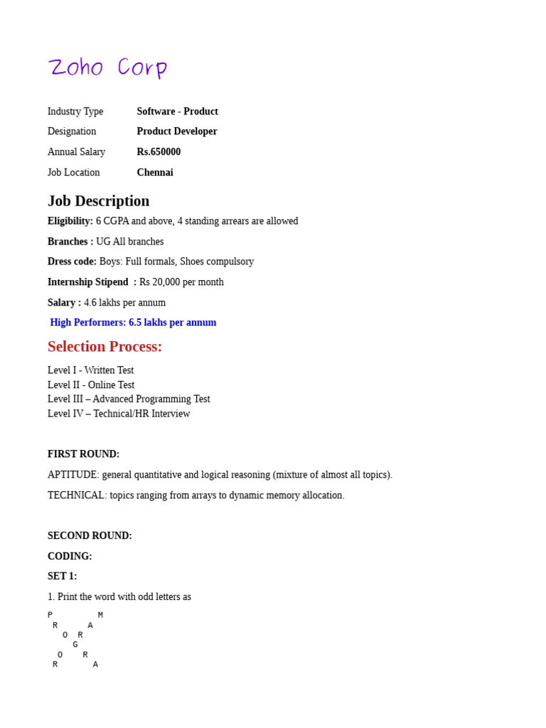 Zoho Product Developer Job Details | PDF | String (Computer Science ...
