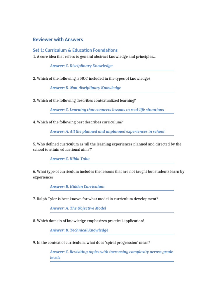 Reviewer With Answers | PDF | Curriculum | Liberal Arts Education