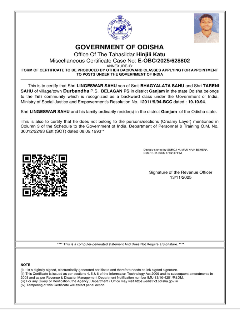 OBC Certificate for Shri Lingeswar Sahu | PDF