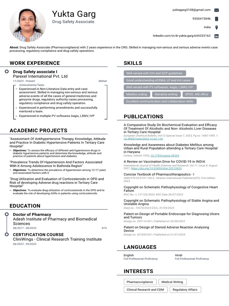 Drug Safety Associate Profile - Yukta Garg | PDF | Pharmacovigilance ...