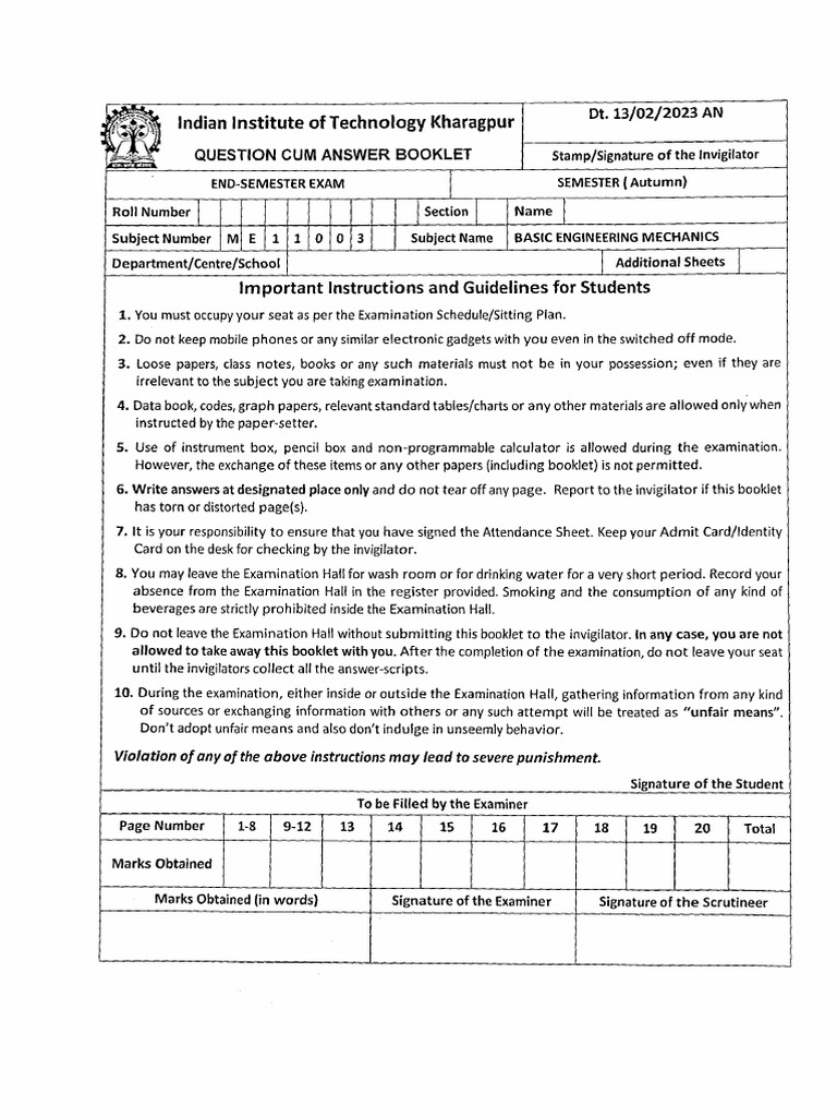 2023 End Autumn Mechanical Engg ME11003 Basic Engineering Mechanics EA ...