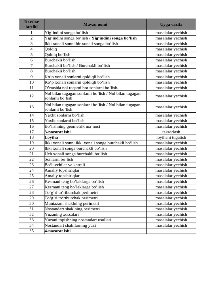 3-Sinf Matematika 2-Chorak @E - Baza - Ishreja | PDF