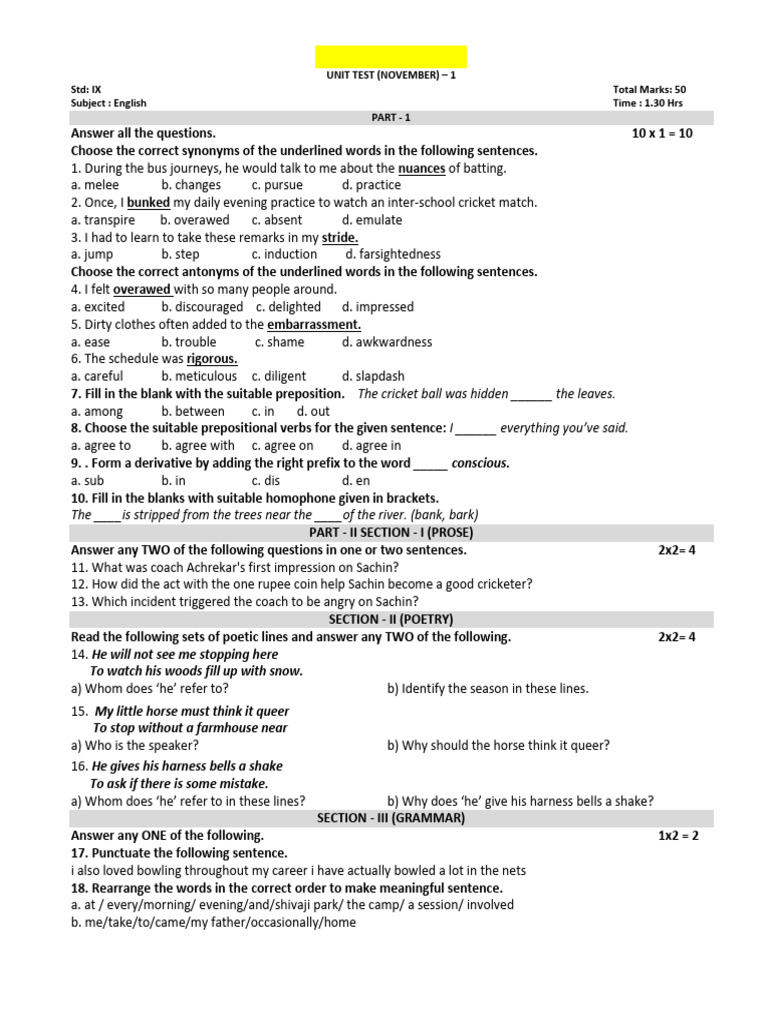 14 9th English Unit Test Question Paper November 2021 English Medium ...
