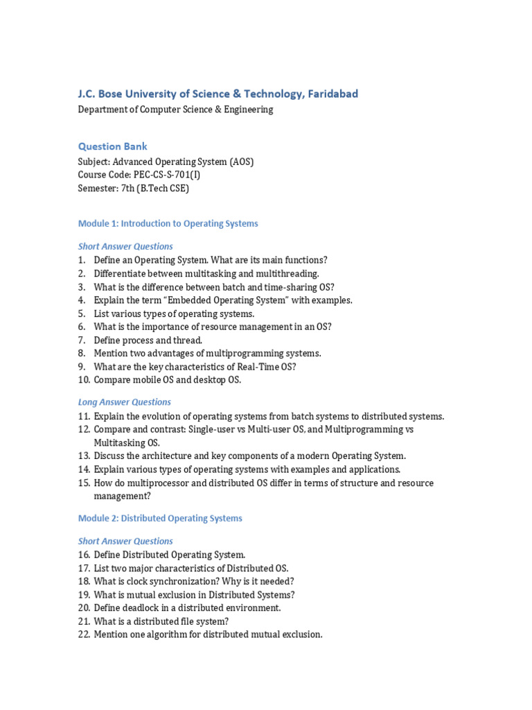 Advanced Operating System Question Bank JCBoseUniversity | PDF | Operating System | Process ...