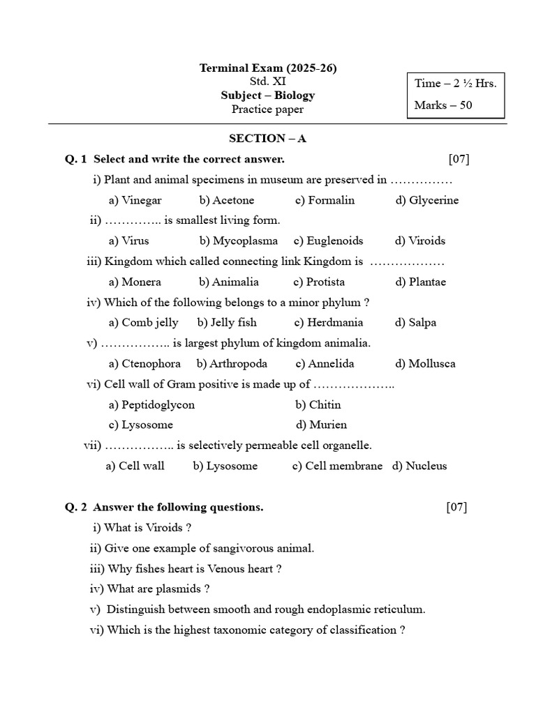 Biology Practice Paper for Std. XI Exam | PDF | Cell (Biology) | Biology