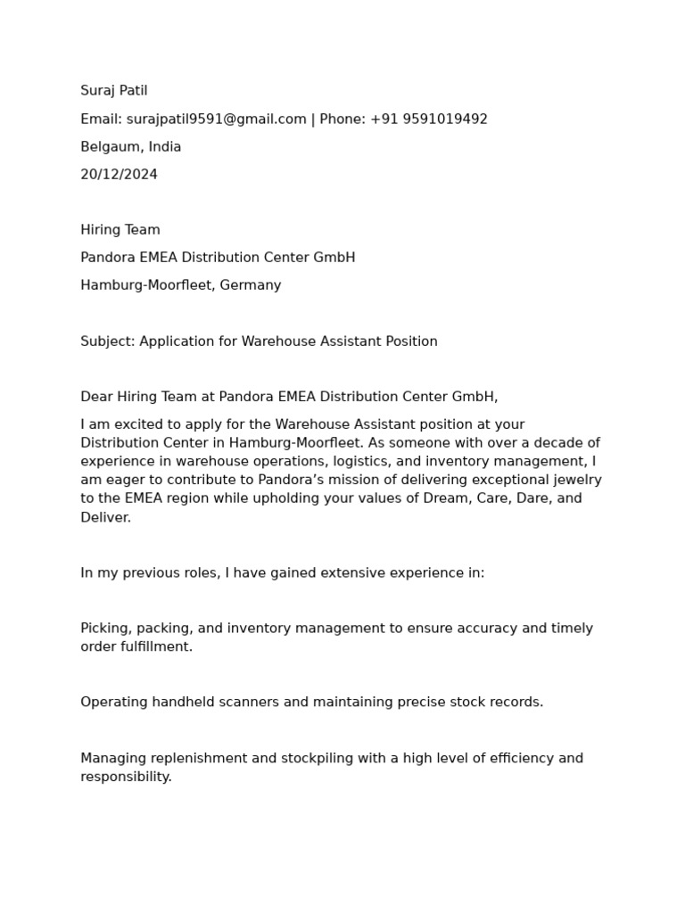 Cover Letter Pandora | PDF
