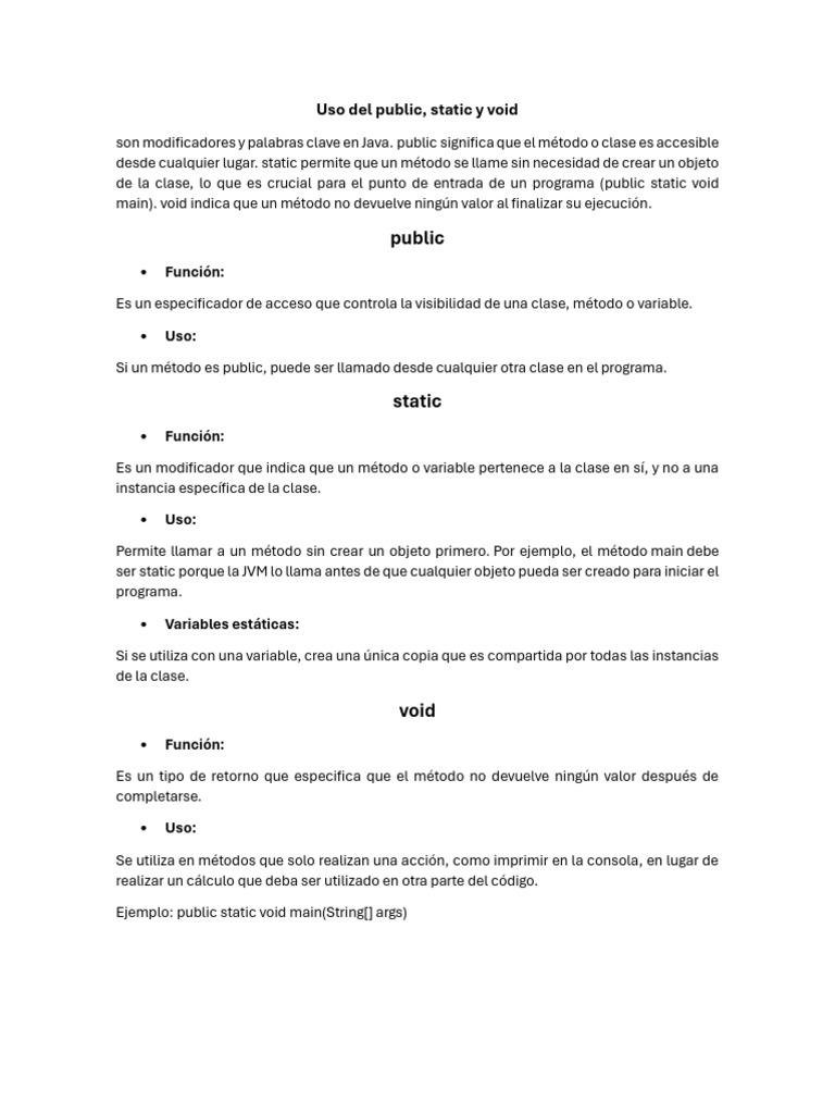 Modificadores public, static y void en Java | PDF
