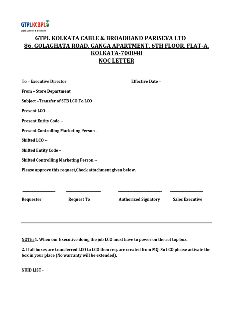 GTPL KCBPL Noc Letter | PDF