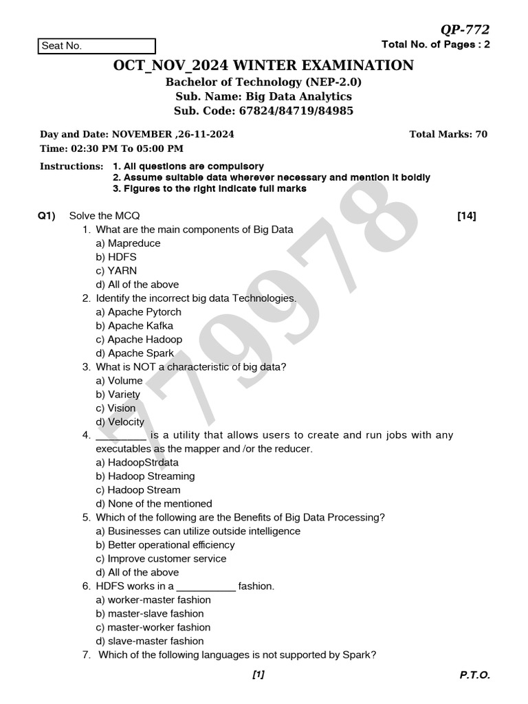 Big Data Analytics Exam Paper 2024 | PDF | Apache Hadoop | Big Data