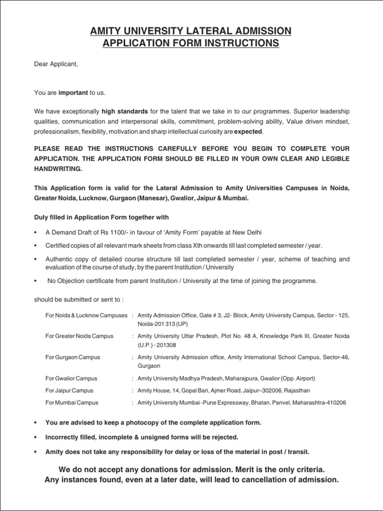 Amity University Lateral Admission Guide | PDF