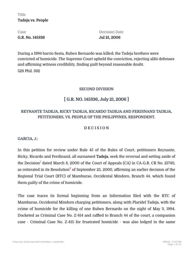Tadeja Homicide Case Review Decision | PDF | Witness | Acquittal