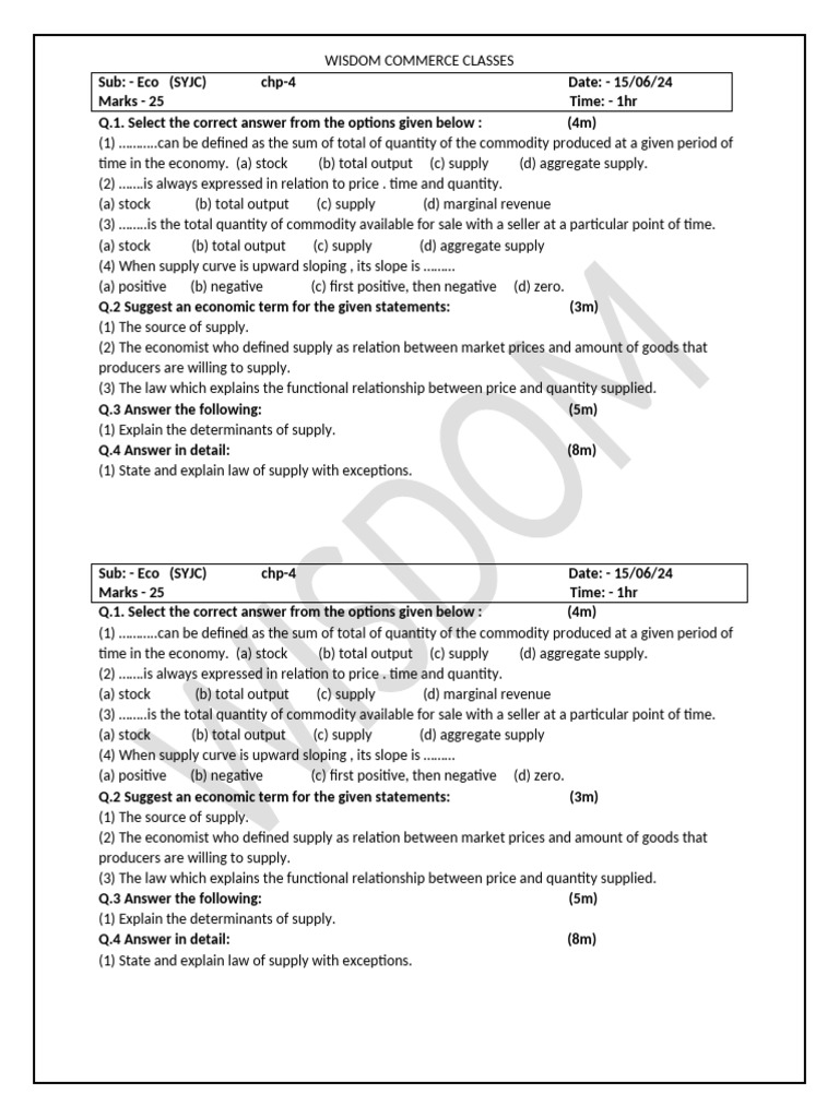 Economics Supply Concepts and Questions | PDF | Supply (Economics ...