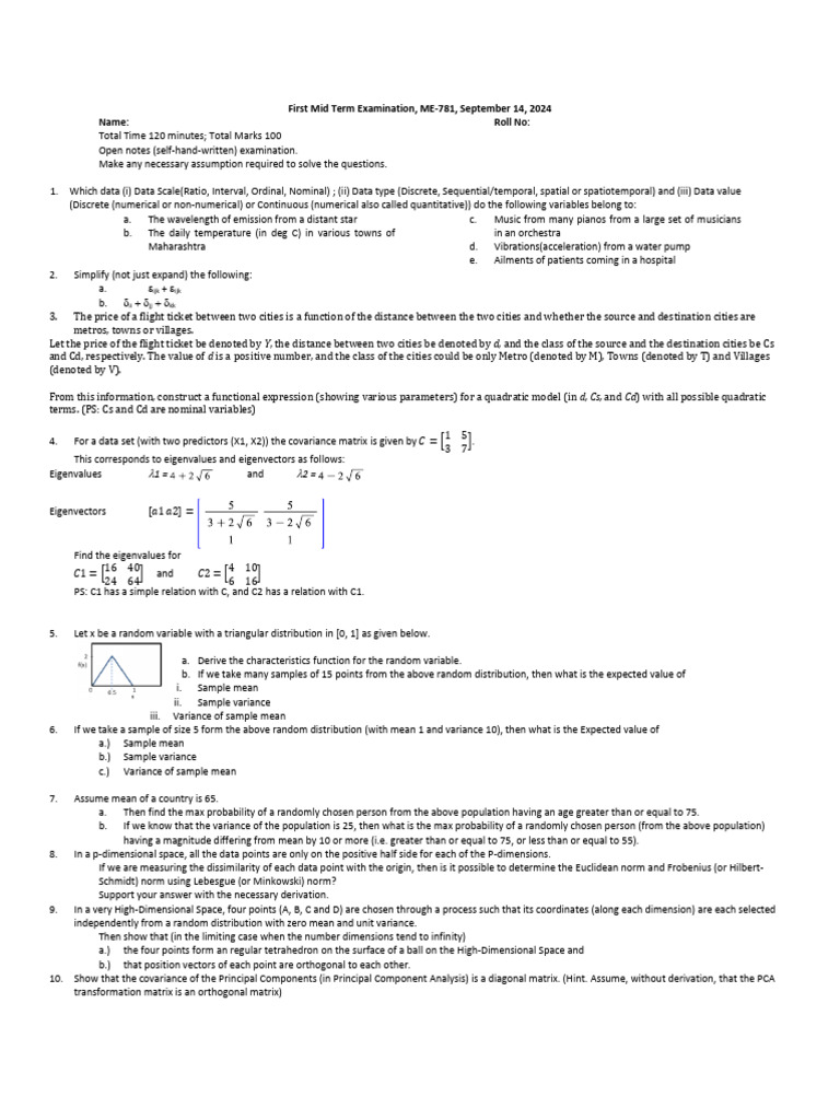 Mid Term Examination Solutions 2024 | PDF | Variance | Principal Component Analysis
