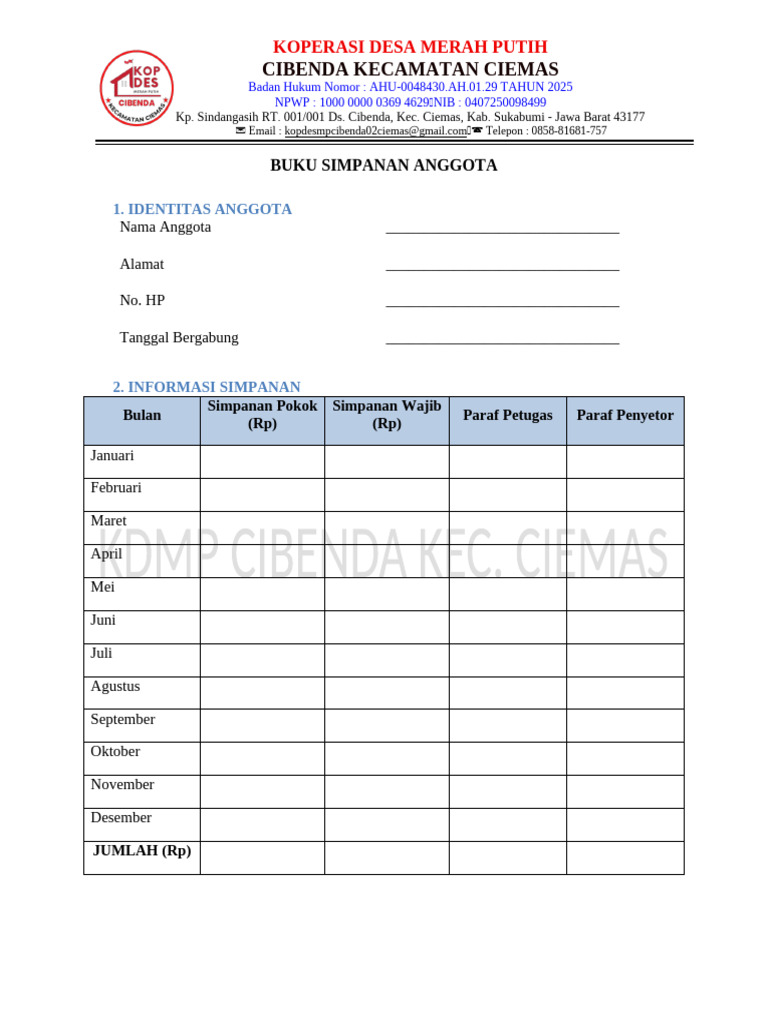 Buku Simpanan Anggota Koperasi Cibenda | PDF