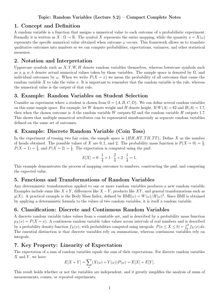Topic: Random Variables (Lecture 5.2) - Compact Complete Notes | PDF ...