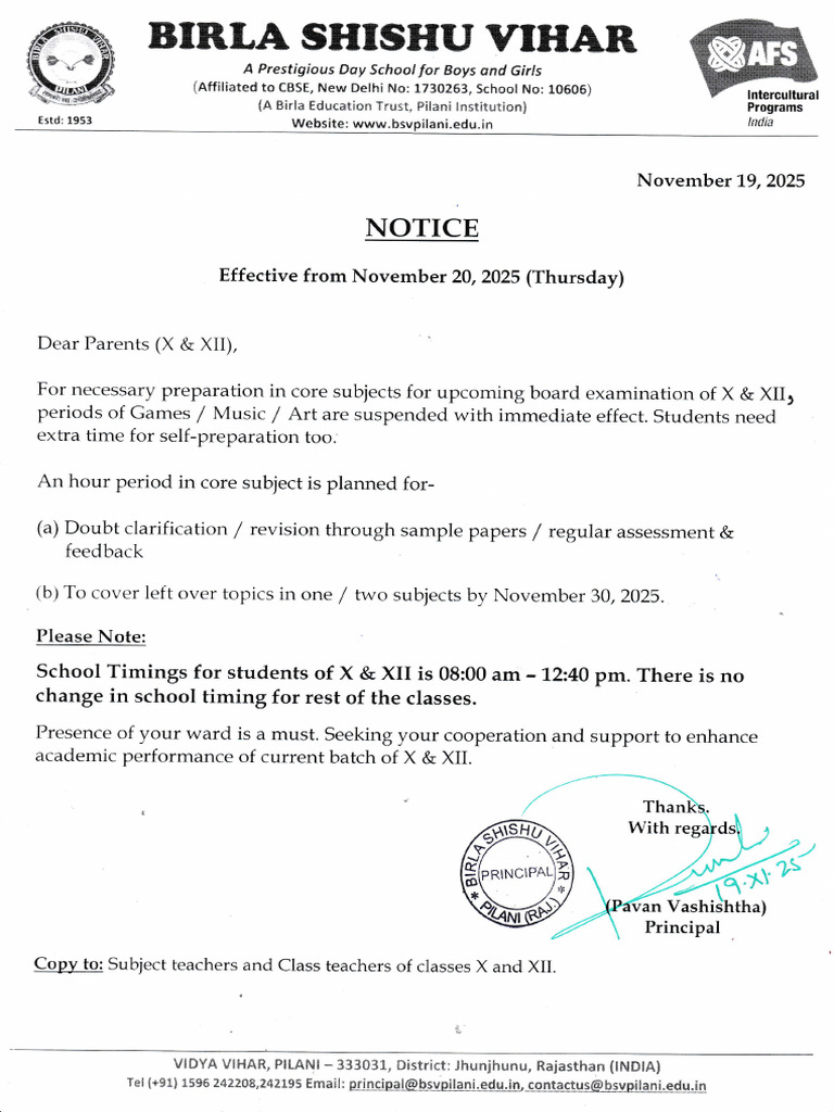 Notice - School Timings - X & Xii | PDF