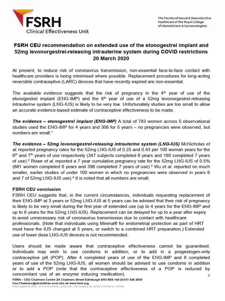 FSRH Recommendation On Extended Use of The Etonogestrel Implant SRH ...