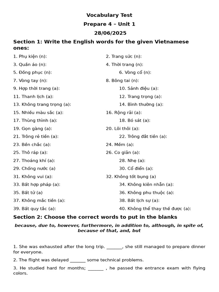 Vocabulary Unit 1 - Vietnamese | PDF