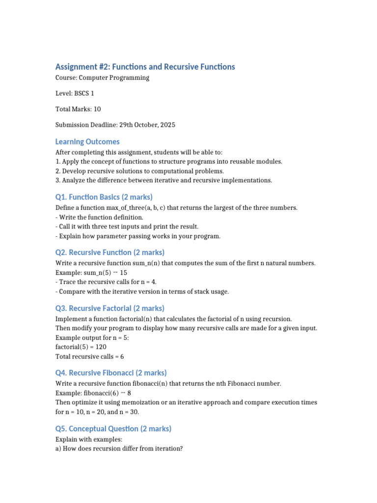 Assignment2 Functions and Recursion 22102025 091137am | PDF