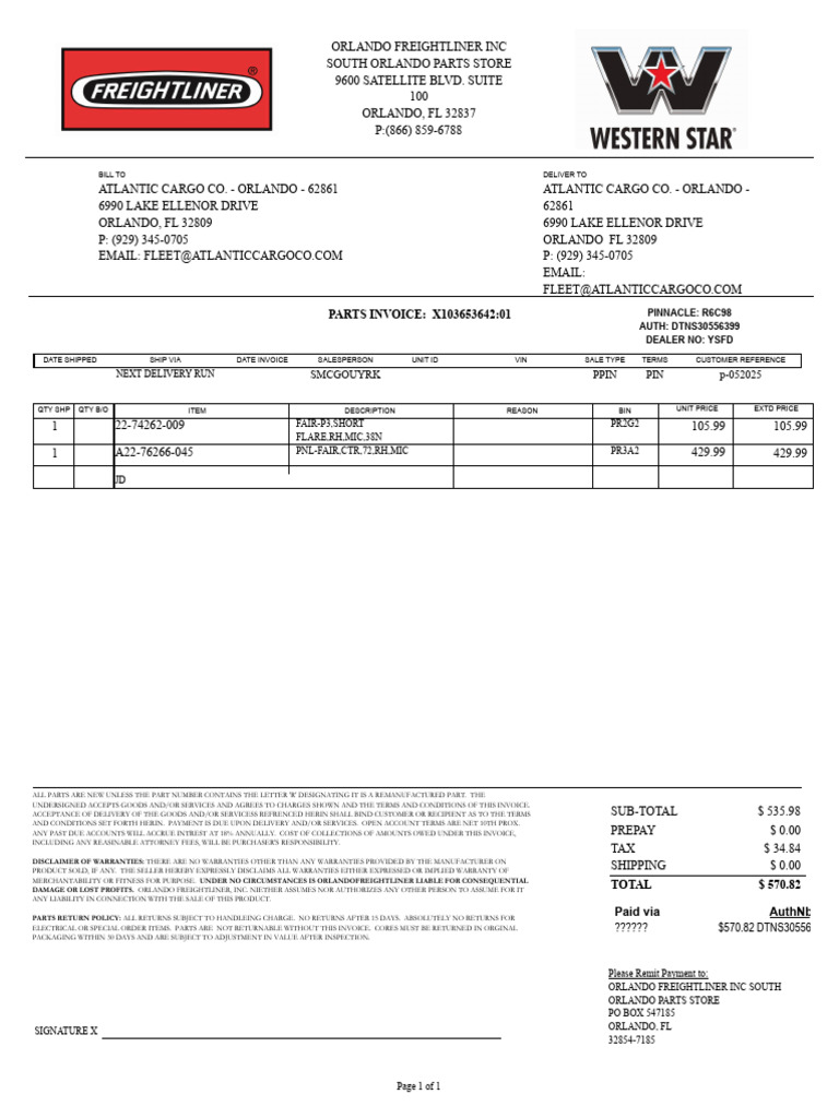 PARTS INVOICE: X103653642:01: p-052025 PIN Smcgouyrk Ppin | PDF ...