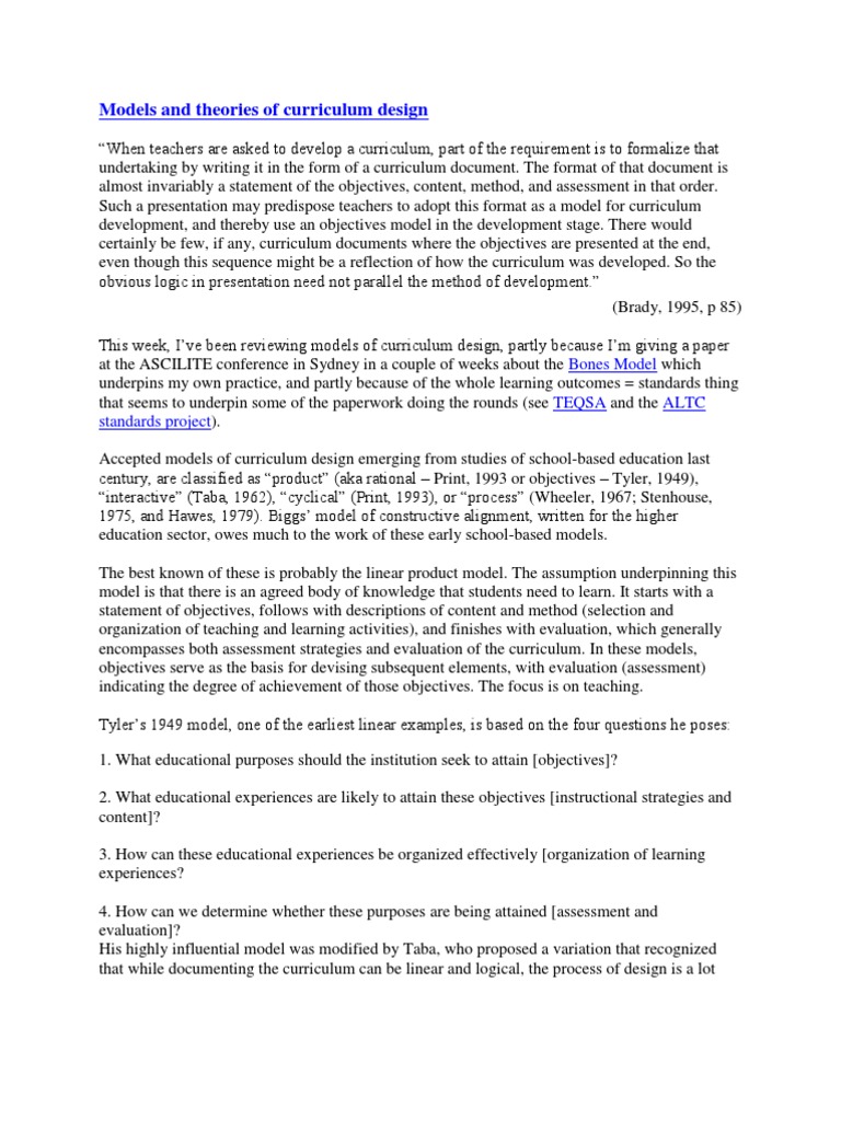 Models and theories of curriculum design overview | PDF | Instructional ...