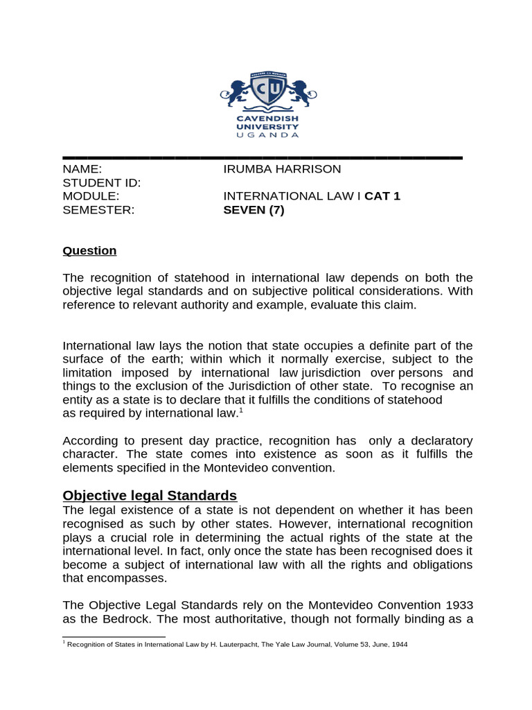 Mr. Irumba - International Law CAT 1 | PDF | International Law ...
