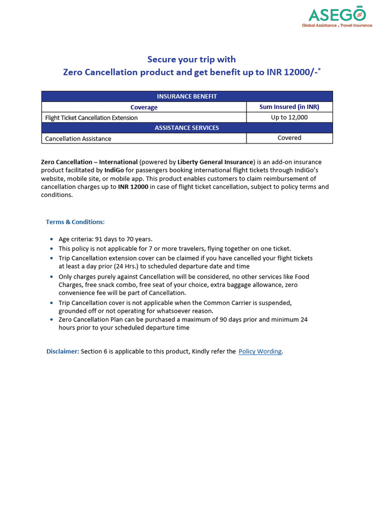 Zero Cancellation International T and Cs | PDF | Insurance | Fee