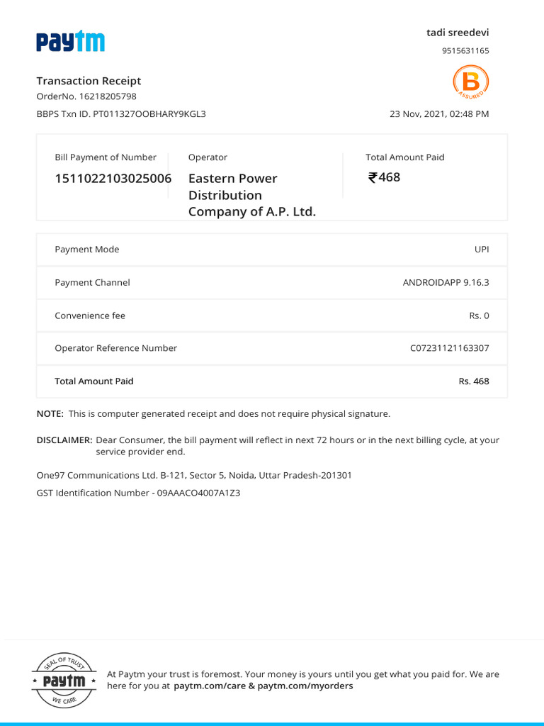 Eastern Power Bill Payment Receipt | PDF