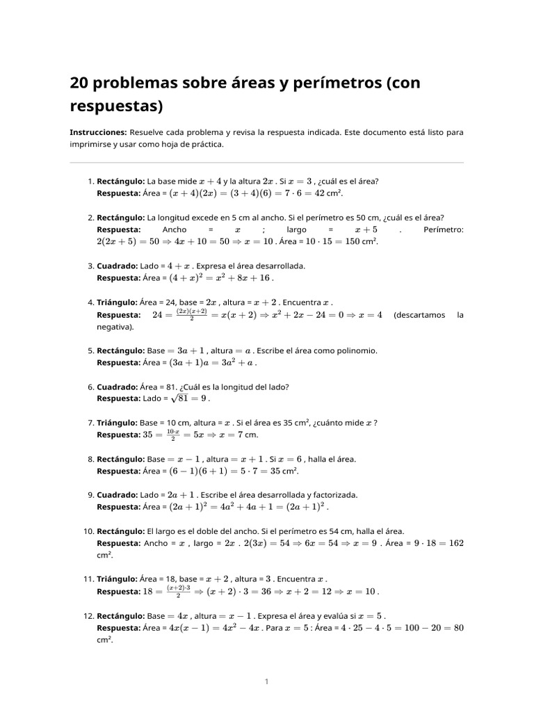 20 Problemas Área Y Perímetro para Imprimir | PDF | Geometría Elemental ...
