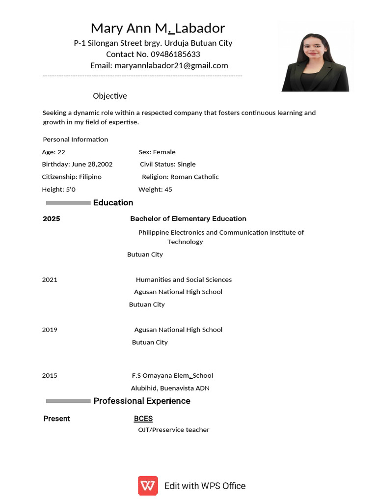 Mary Ann Labador: Resume Overview | PDF | Cognition | Intelligence