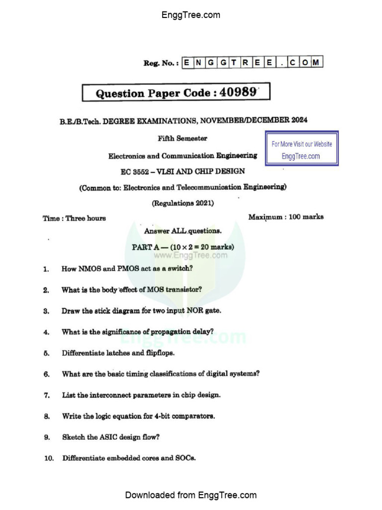 EC3552 VLSI and Chip Design Nov Dec 2024 Question Paper Download | PDF