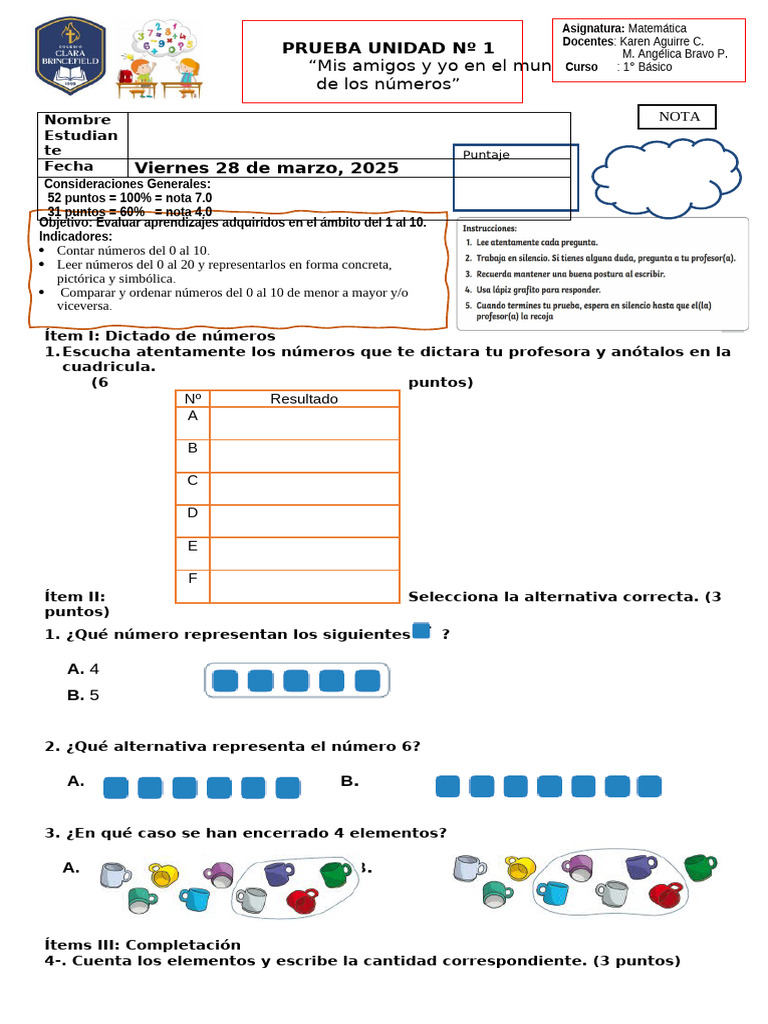 Prueba de Unidad 1 Marzo Matemática 2025 | PDF