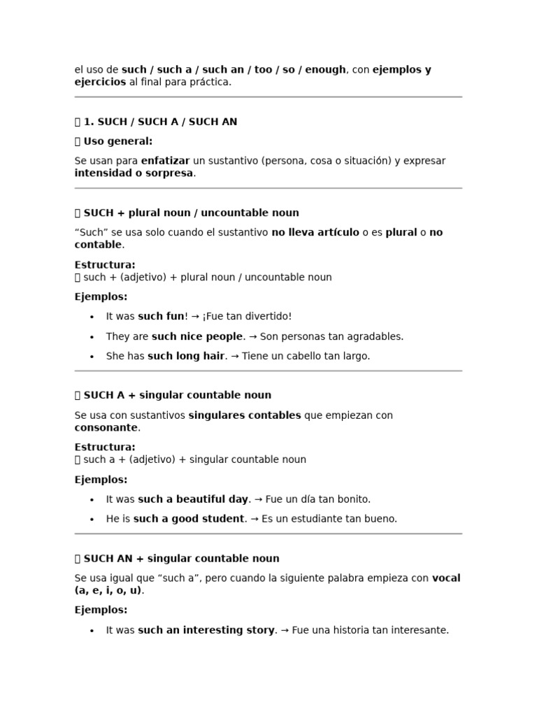 El Uso de Such Such A Such An Too So Enough | PDF | Tipología ...