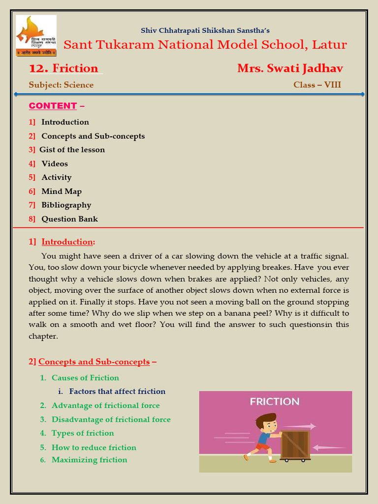 Friction Class 8 Science | PDF | Friction | Force