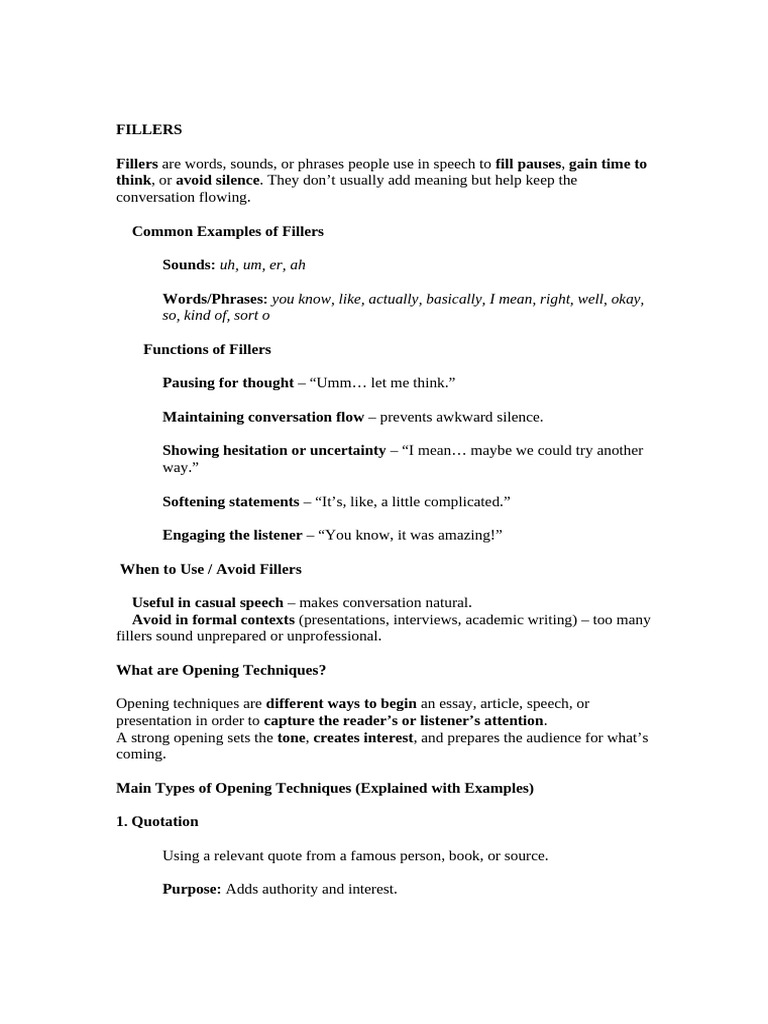 Understanding Fillers and Speech Techniques | PDF | Nonverbal ...