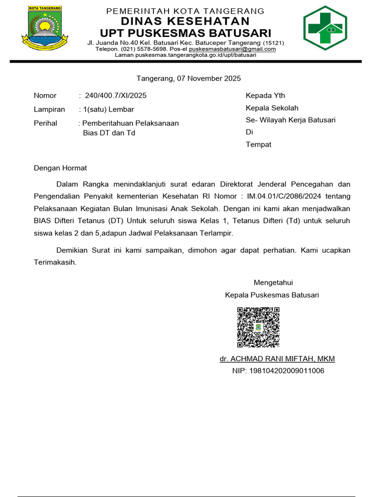 Surat Pemberitahuan Jadwal Bias November 2025 | PDF