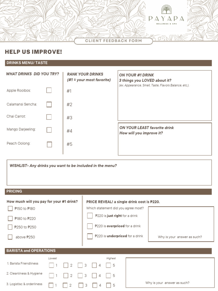 Payapa Cafe Feedback Form | PDF